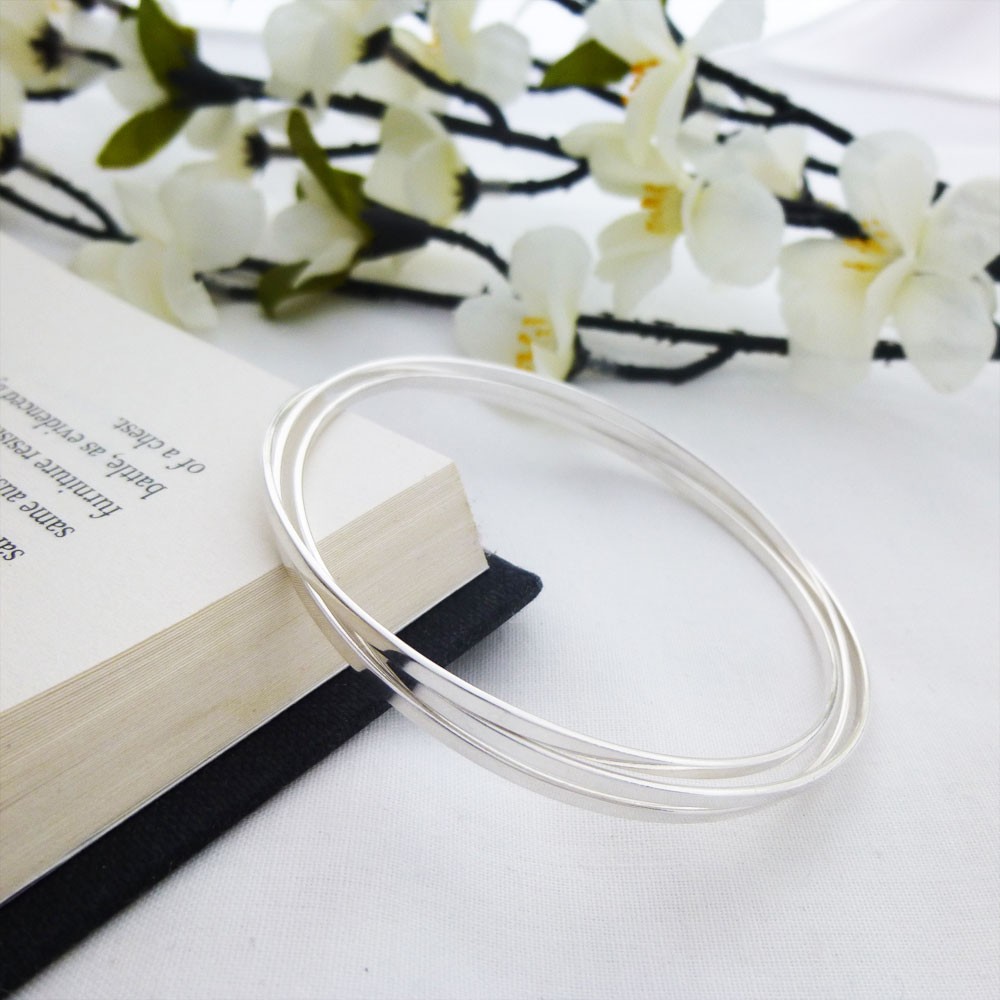 Stylish Set of Sterling Silver Triple Russian Flat Slave Bangles