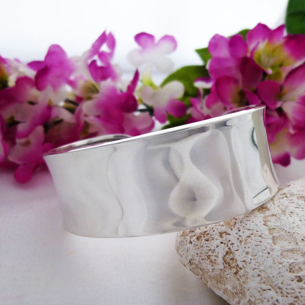 Wide Ladies Silver Torque Bangle with Shinny Dish Shaped Surface
