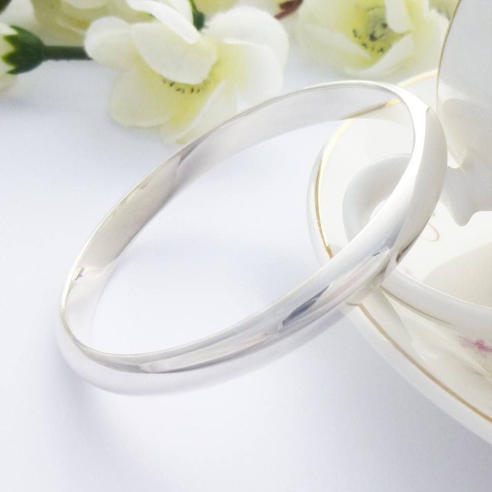 D Shaped Solid Sterling Silver Bangle with Personalisation