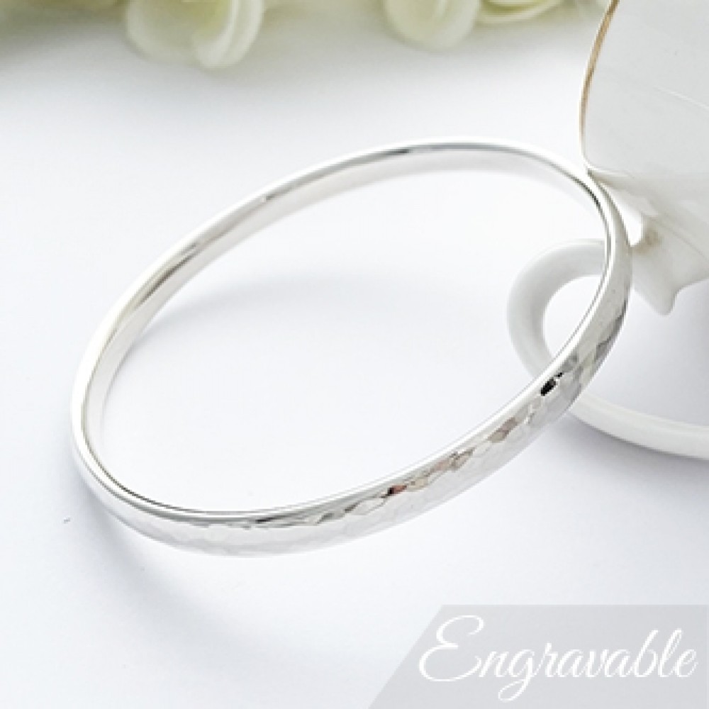 Engraved Solid Hand Hammered Extra Large Size Sterling Silver Bangle