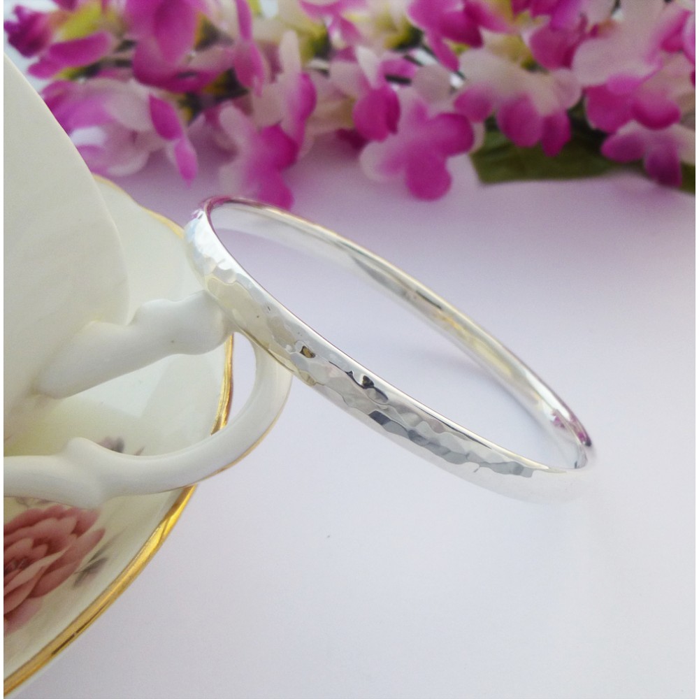 Engraved Solid Hand Hammered Extra Large Size Sterling Silver Bangle