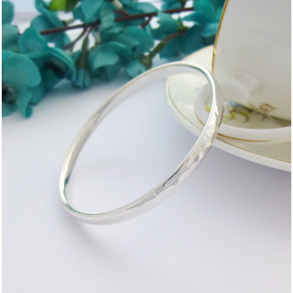 Engraved Solid Hand Hammered Extra Large Size Sterling Silver Bangle