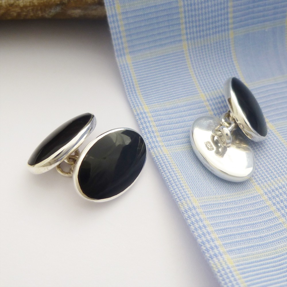 Double Oval Cufflinks with Jet Black Onyx Stones