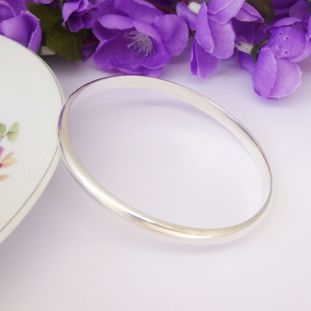 D Shaped Solid Sterling Silver Bangle with Engraving