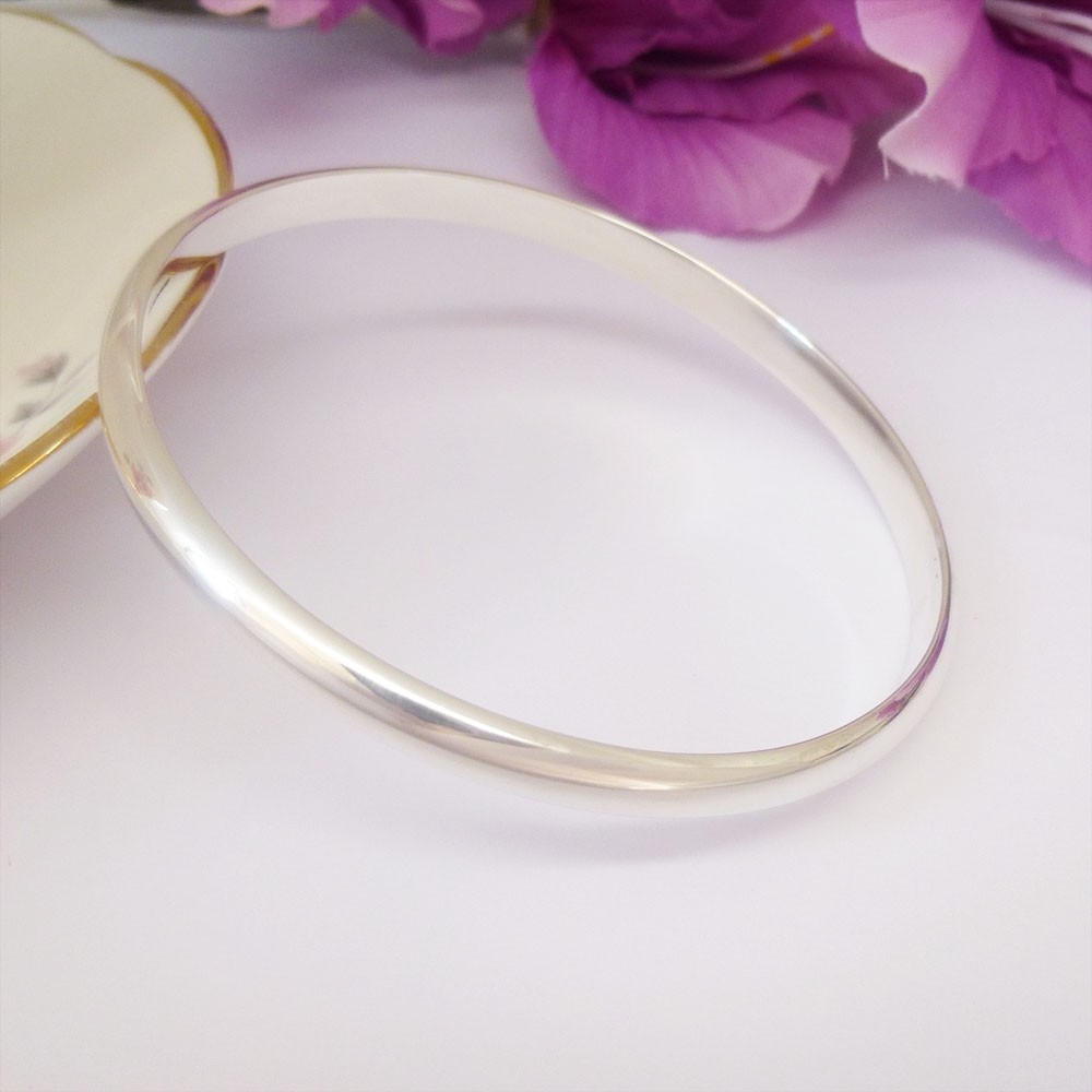 D Shaped Solid Sterling Silver Bangle with Engraving