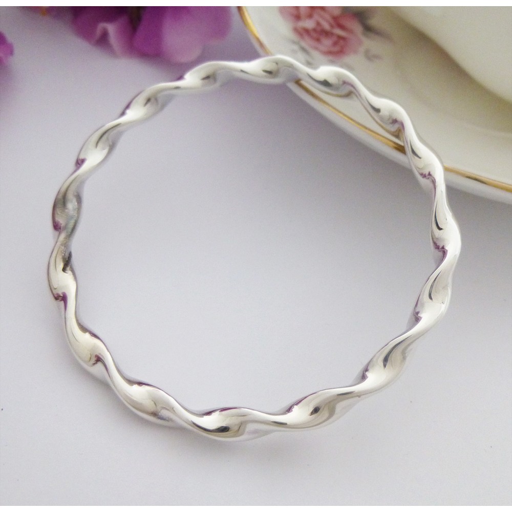 Tia Twisted Sterling Silver Bangle in Extra Large Wrist Size